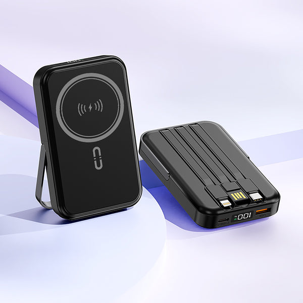 10000mAh Magnetic Power Bank w/ Stand- 3 Built-in Cables & Wireless Ch ...